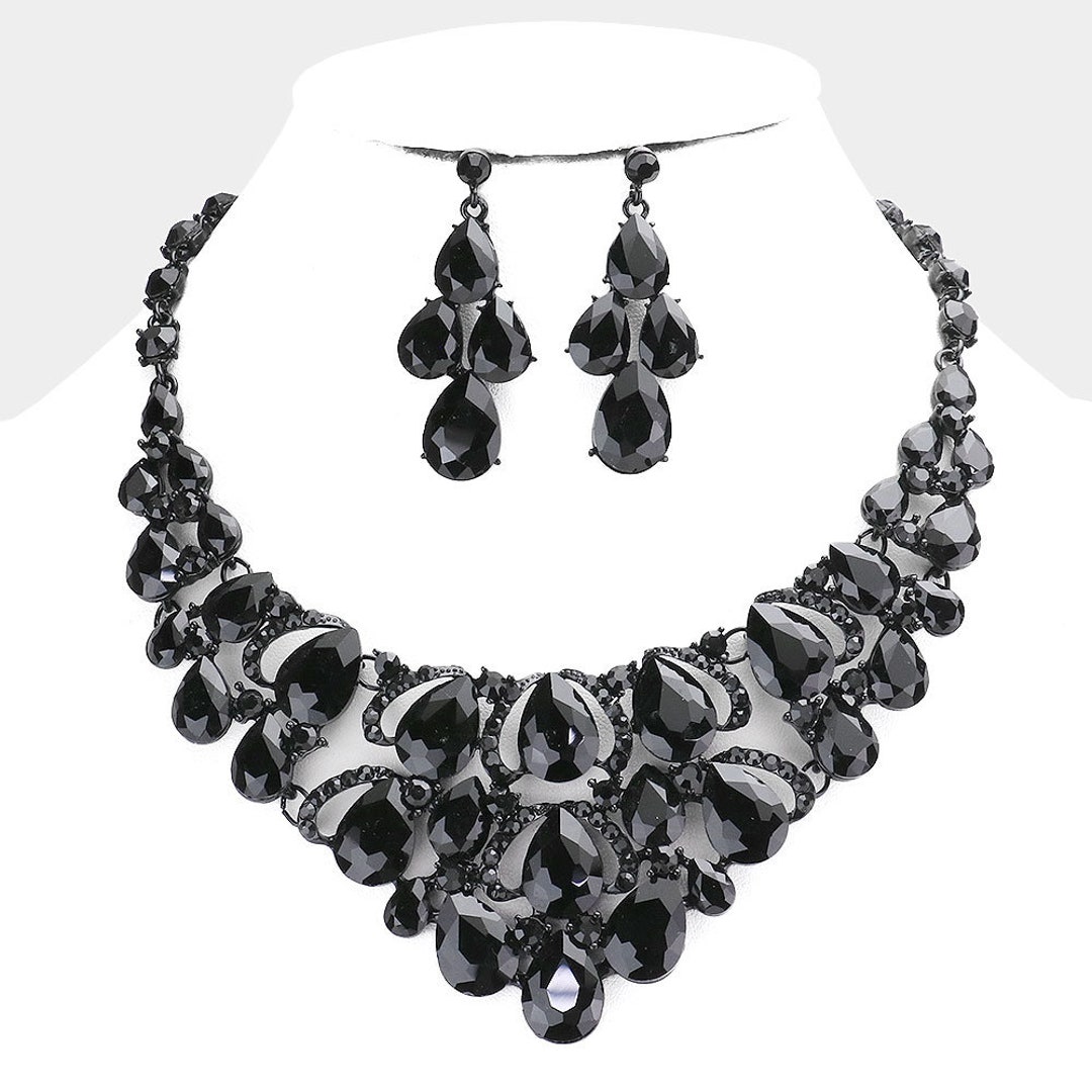 Black Rhinestone Necklace and Earring Set, Black Prom Necklace and ...