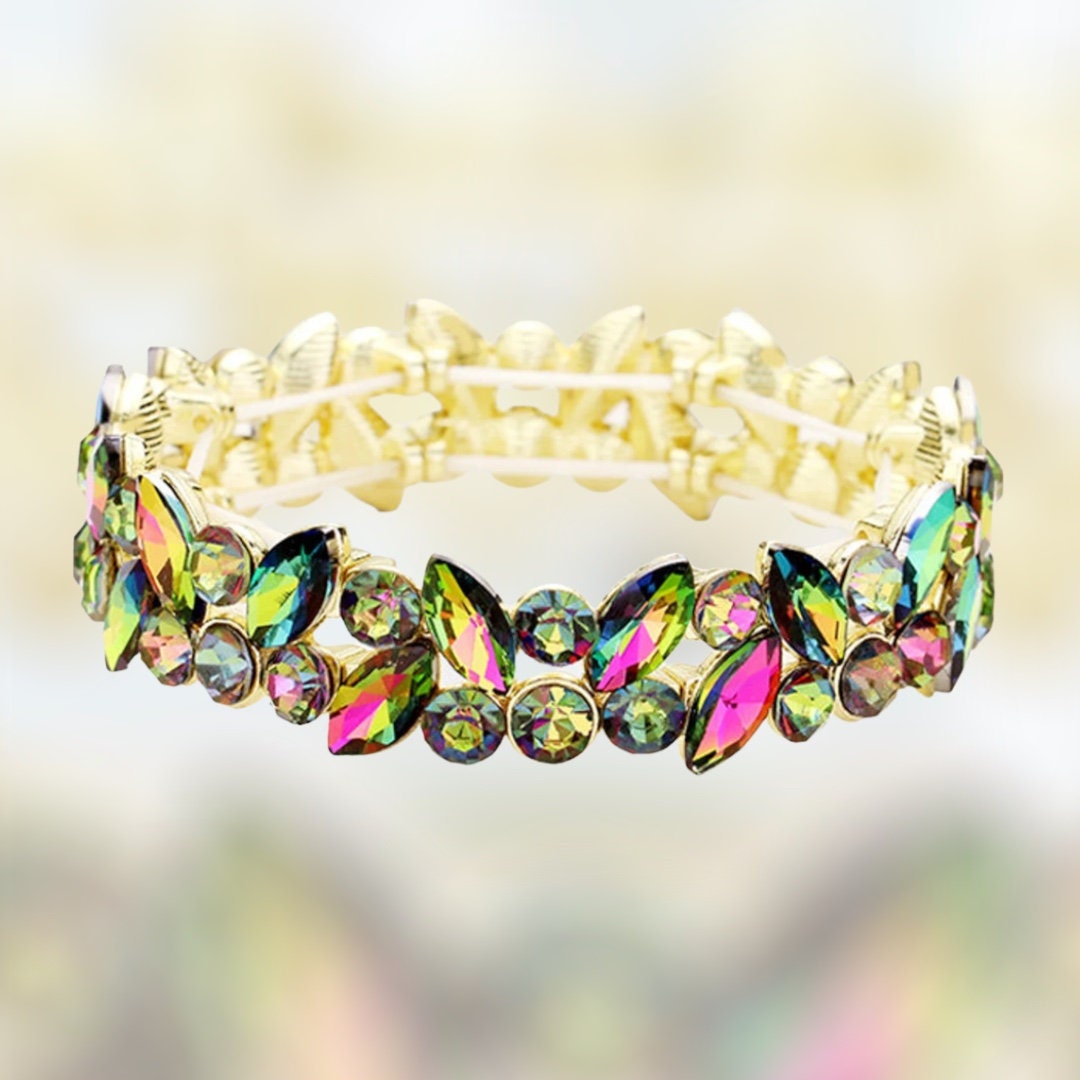 Multi Color AB and Gold Bracelet, Prom Bracelet, Rhinestone Beaded ...