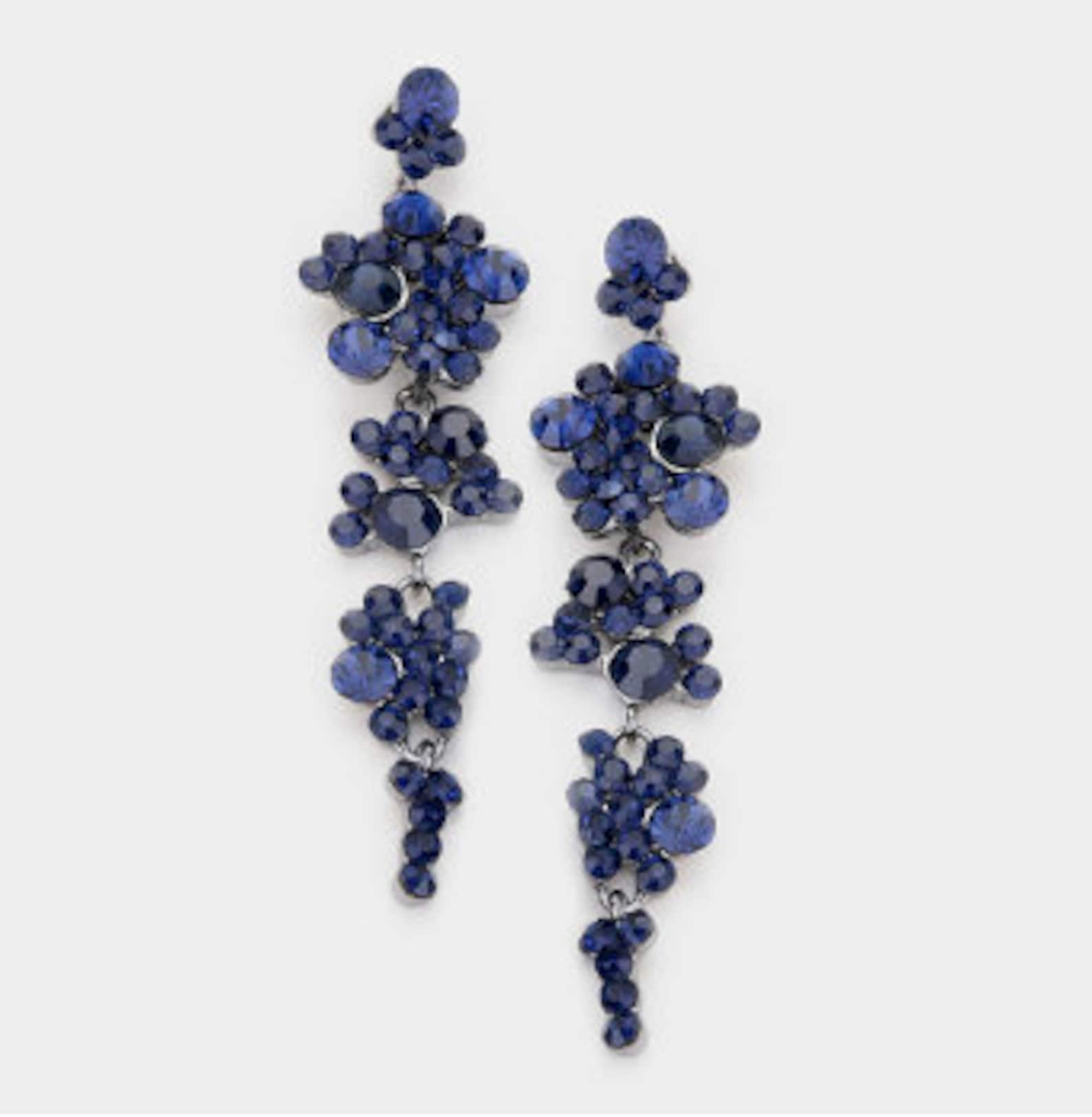 Blue Rhinestone Earrings Dark Blue Prom Earrings Deep Blue | Etsy