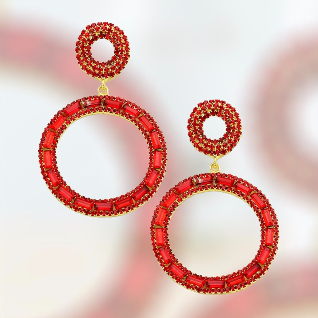 Red Hoop Earrings, Red Dangle Hoop Earrings, Red Pageant Hoop Earrings ...