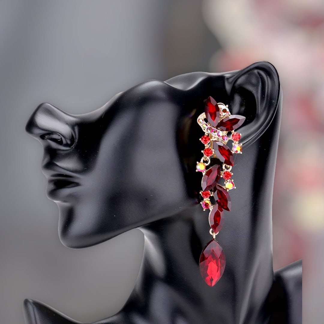 Red Clip on Earrings, Red Clip on Drop Earrings/ Red Ab Clip on ...