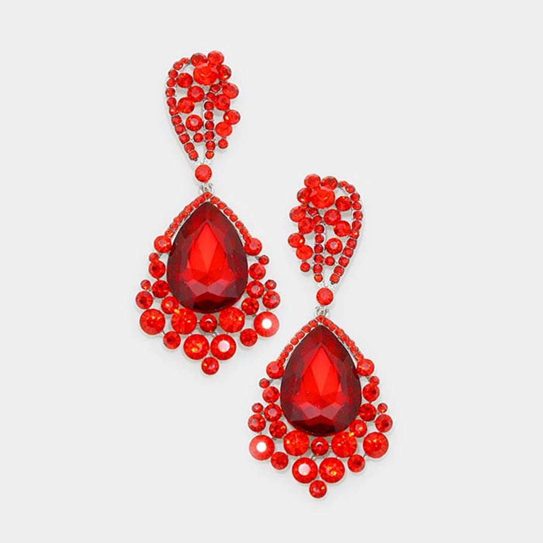 Large Red Crystal Earrings, Red Rhinestone Earrings, Prom Dangle ...