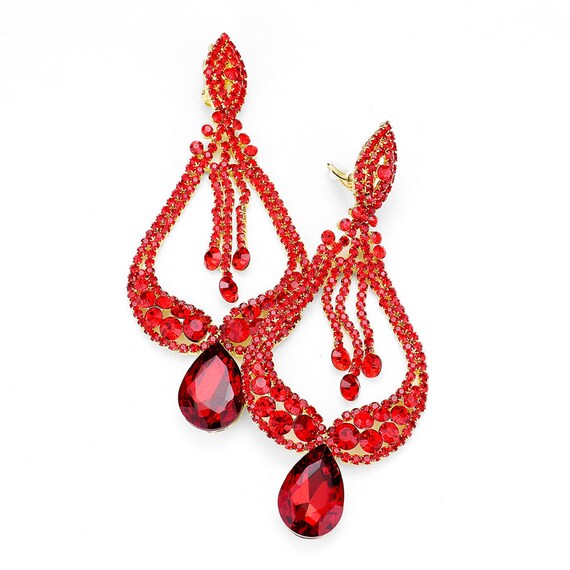 Red Earrings Long Red Clip on Crystal Earrings Oversized Red - Etsy