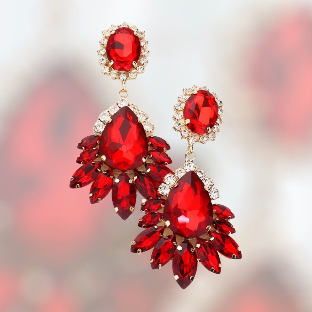 Red Rhinestone Earrings/ Long Ruby Rhinestone Earrings/ Long Red ...