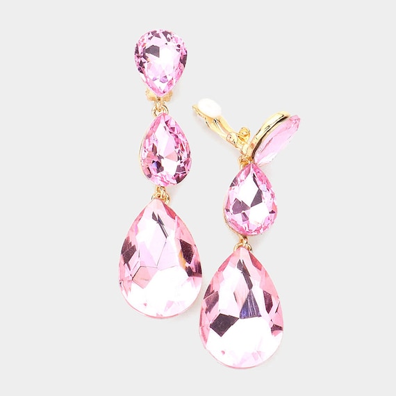 Light Pink Earrings Pink Clip on Rhinestone Dangle Earrings | Etsy