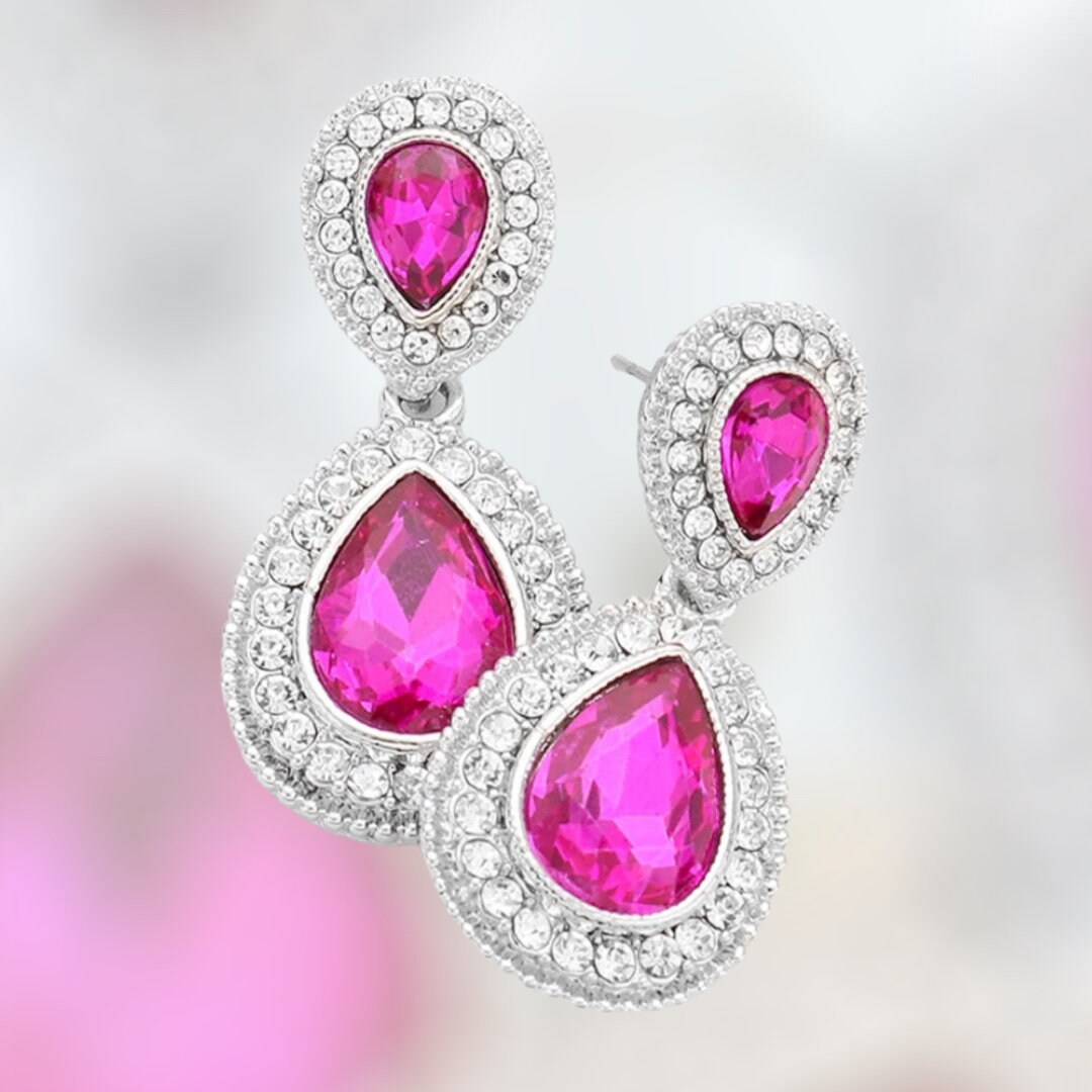 Pink Earrings/ Fuchsia Rhinestone Earrings/ Hot Pink Earring/ Pink ...