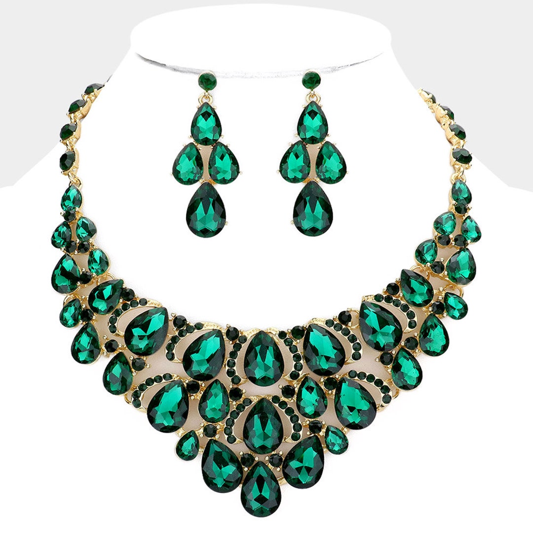 Emerald Green Rhinestone Necklace, Large Necklace in Green, Emerald ...