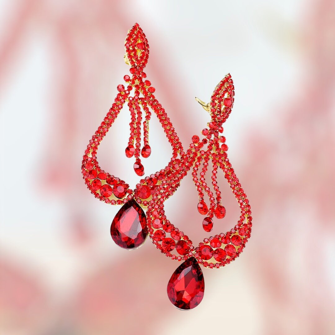 Red Earrings, Long Red Clip on Crystal Earrings, Oversized Red Earrings ...