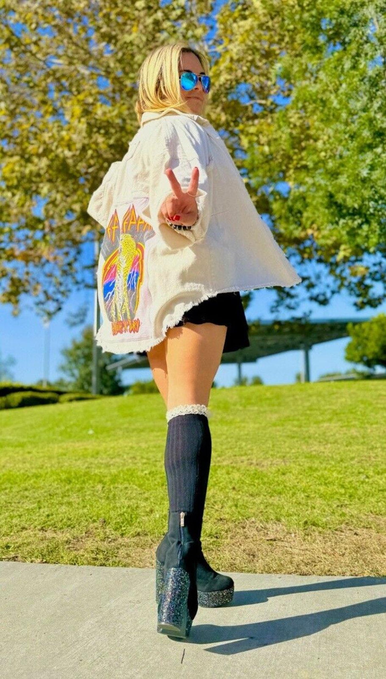 DEF LEPPARD Denim Fringe Jacket 1980s Punk Rock Band Upcycled Oversized ...