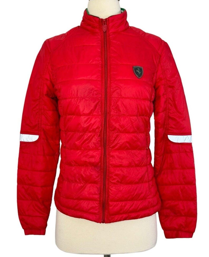 Vintage FERRARI SPA Signature Logo Red Puffer Long Sleeve Zip up Jacket ...