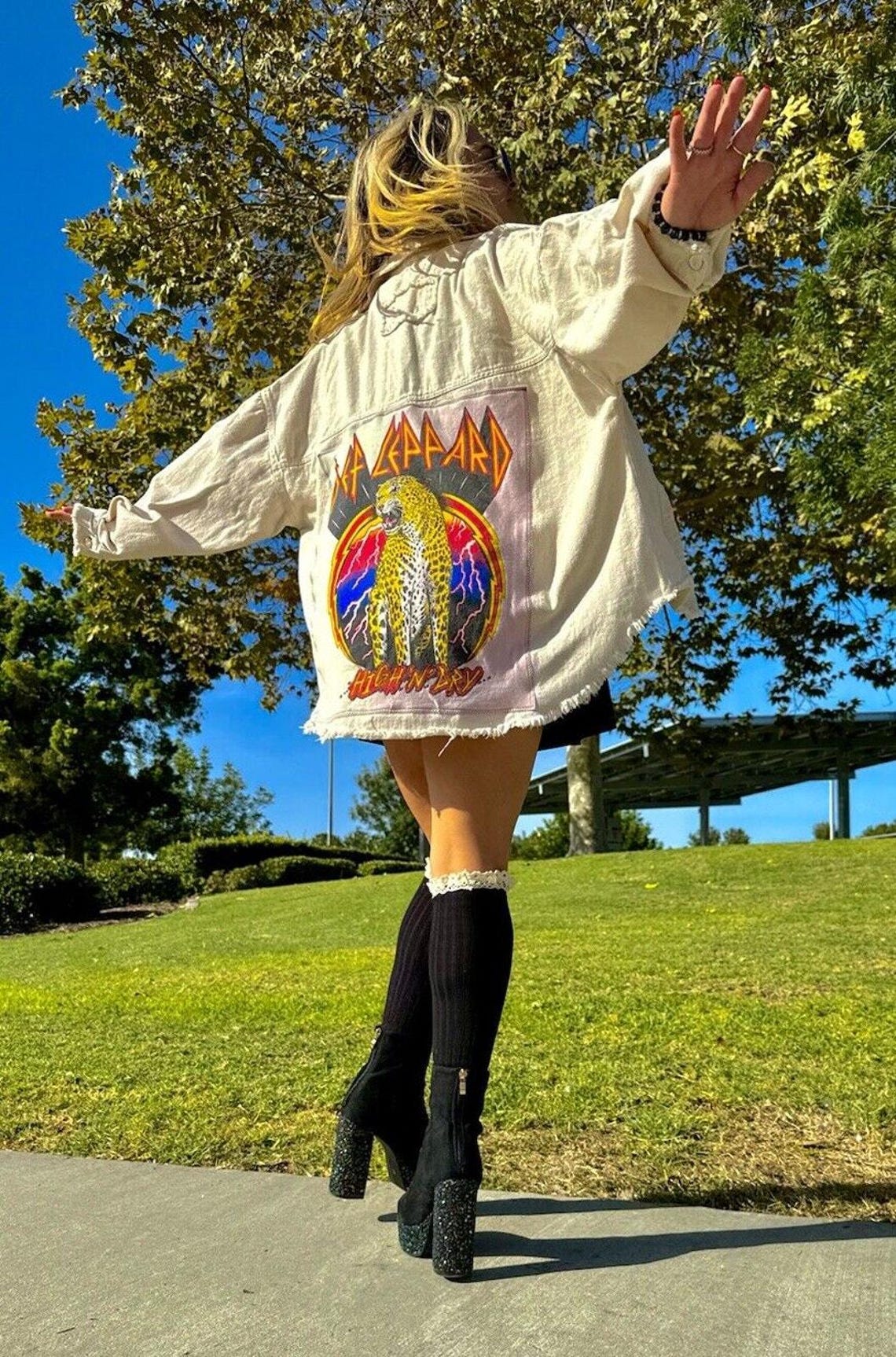 DEF LEPPARD Denim Fringe Jacket 1980s Punk Rock Band Upcycled Oversized ...