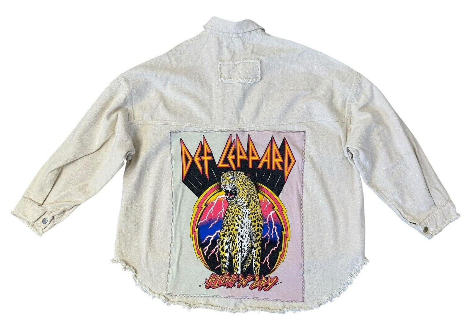 DEF LEPPARD Denim Fringe Jacket 1980s Punk Rock Band Upcycled Oversized ...