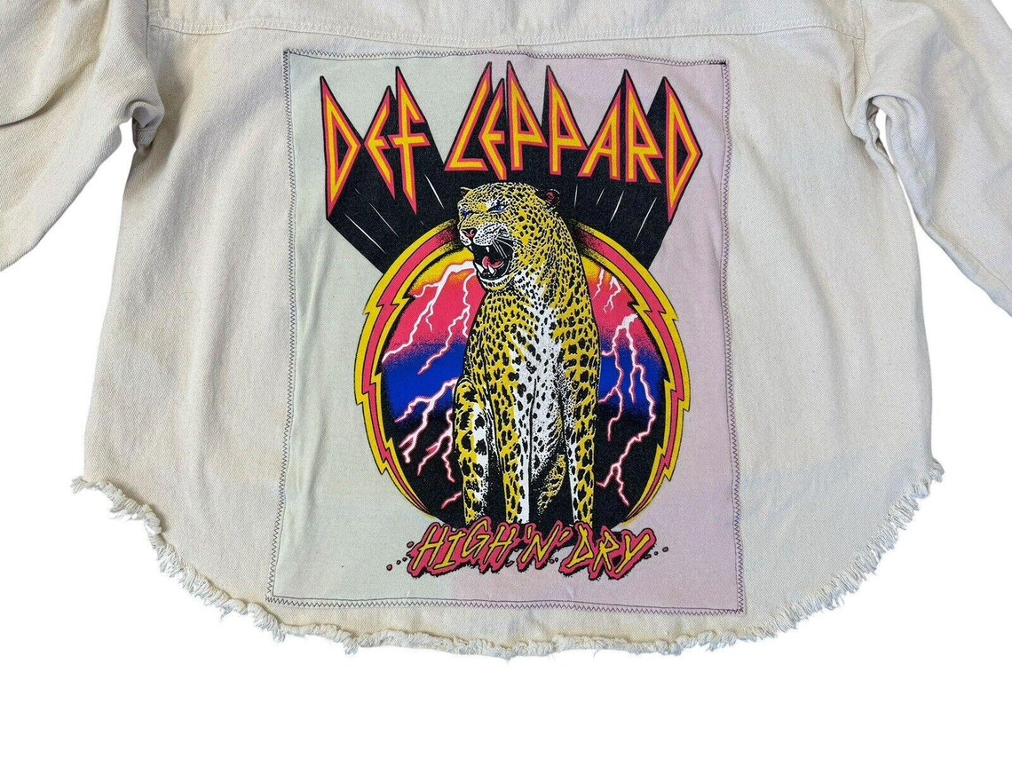 DEF LEPPARD Denim Fringe Jacket 1980s Punk Rock Band Upcycled Oversized ...