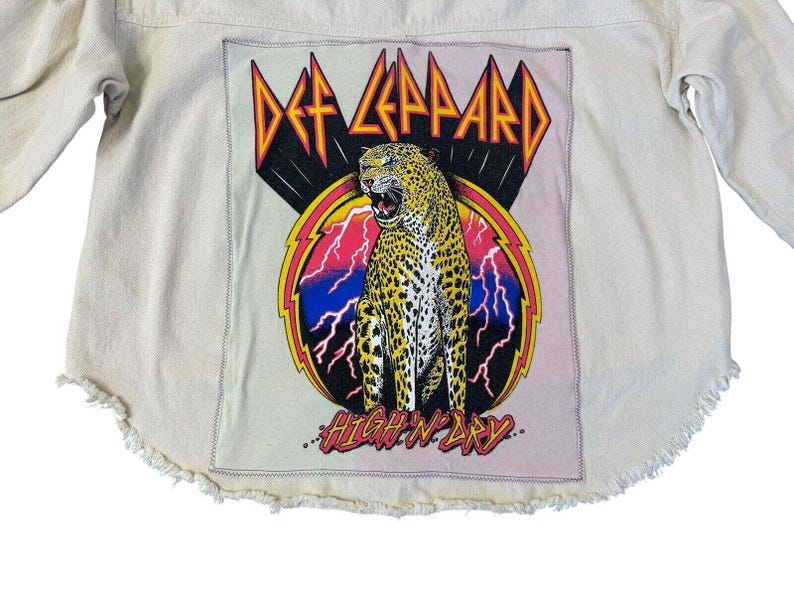 DEF LEPPARD Denim Fringe Jacket 1980s Punk Rock Band Upcycled Oversized ...