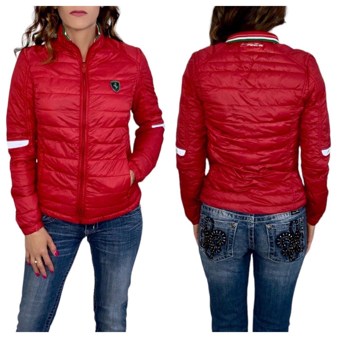 Vintage FERRARI SPA Signature Logo Red Puffer Long Sleeve Zip up Jacket ...