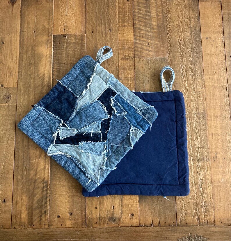 Upcycled Denim Potholders. Oven Mitts. Kettle Holders. - Etsy