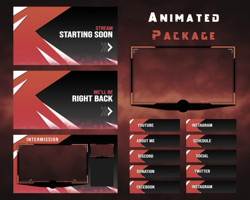 Twitch Animated Overlay Package, Ready to Use dark Red White Smoke ...