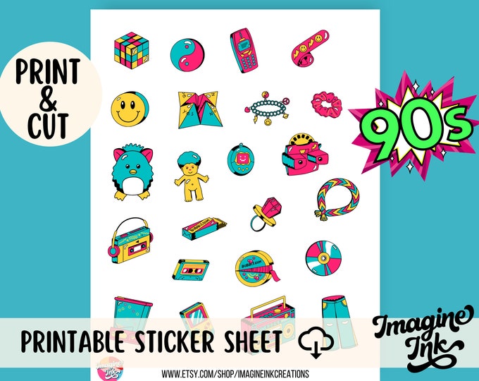 90s Stickers, Printable Sticker Sheet, 90s Kid PNG, Cute Printable ...