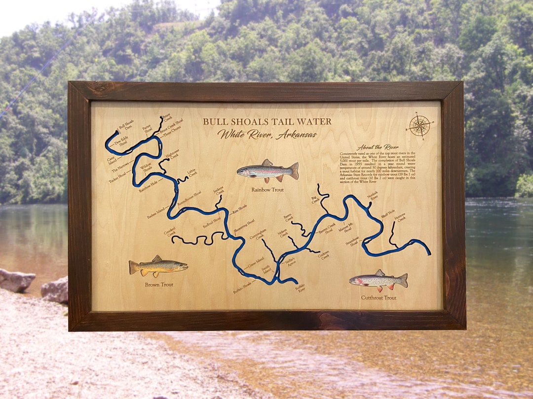 Bull Shoals Fly Fisherman's Wood Map - Bull Shoals Tailwater, White ...
