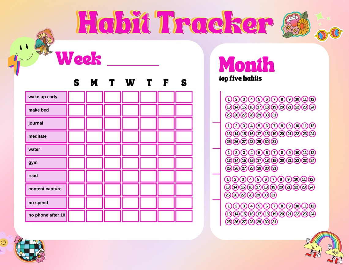 Printable Habit Tracker Retro Groovy Weekly & Monthly Planner - Etsy