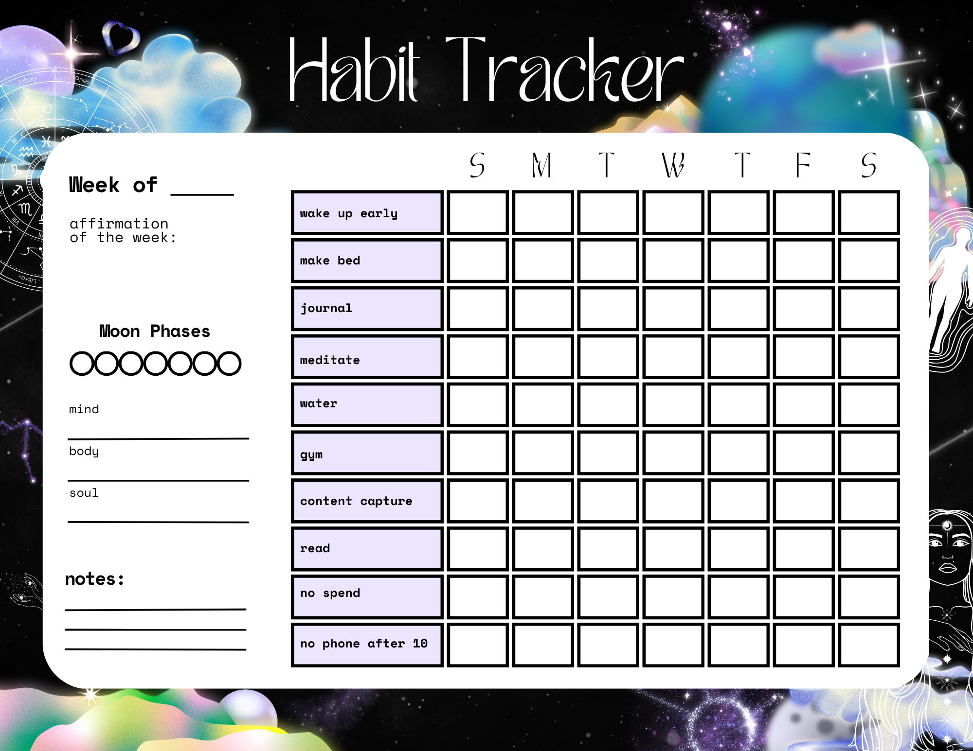 Printable Habit Tracker Spiritual Astrology Zodiac With Moon Phases - Etsy
