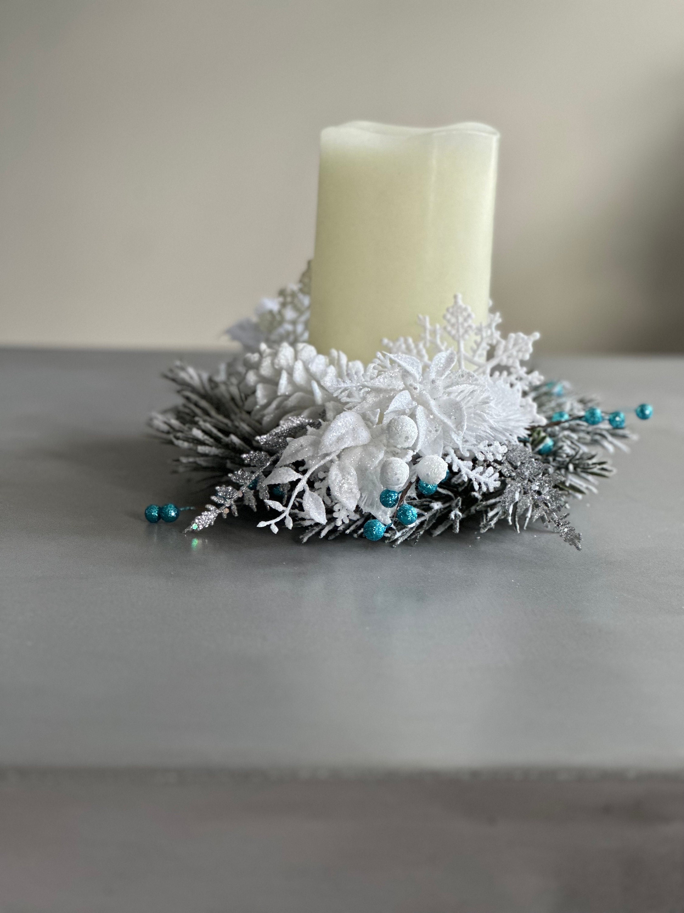 White Snowflake Pine Cone Candle Holder With Blue and Silver Accents ...