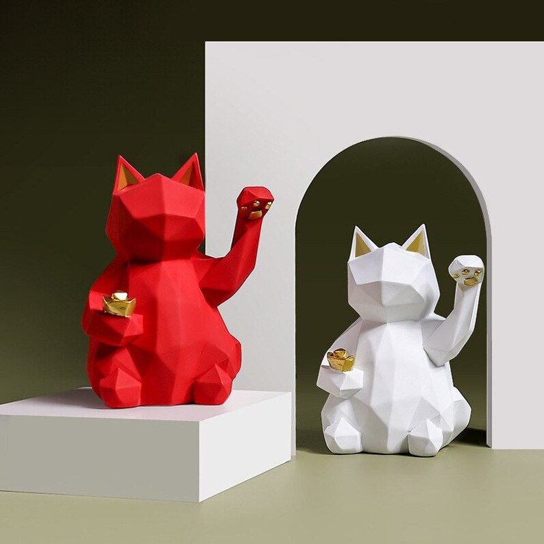 Lucky Cat Figurine, Waving Lucky Cat Geometric Statue, Lucky Waving Cat ...