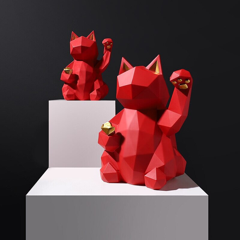 Lucky Cat Figurine, Waving Lucky Cat Geometric Statue, Lucky Waving Cat ...