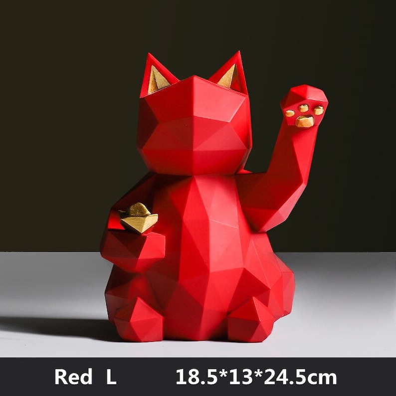 Lucky Cat Figurine, Waving Lucky Cat Geometric Statue, Lucky Waving Cat ...