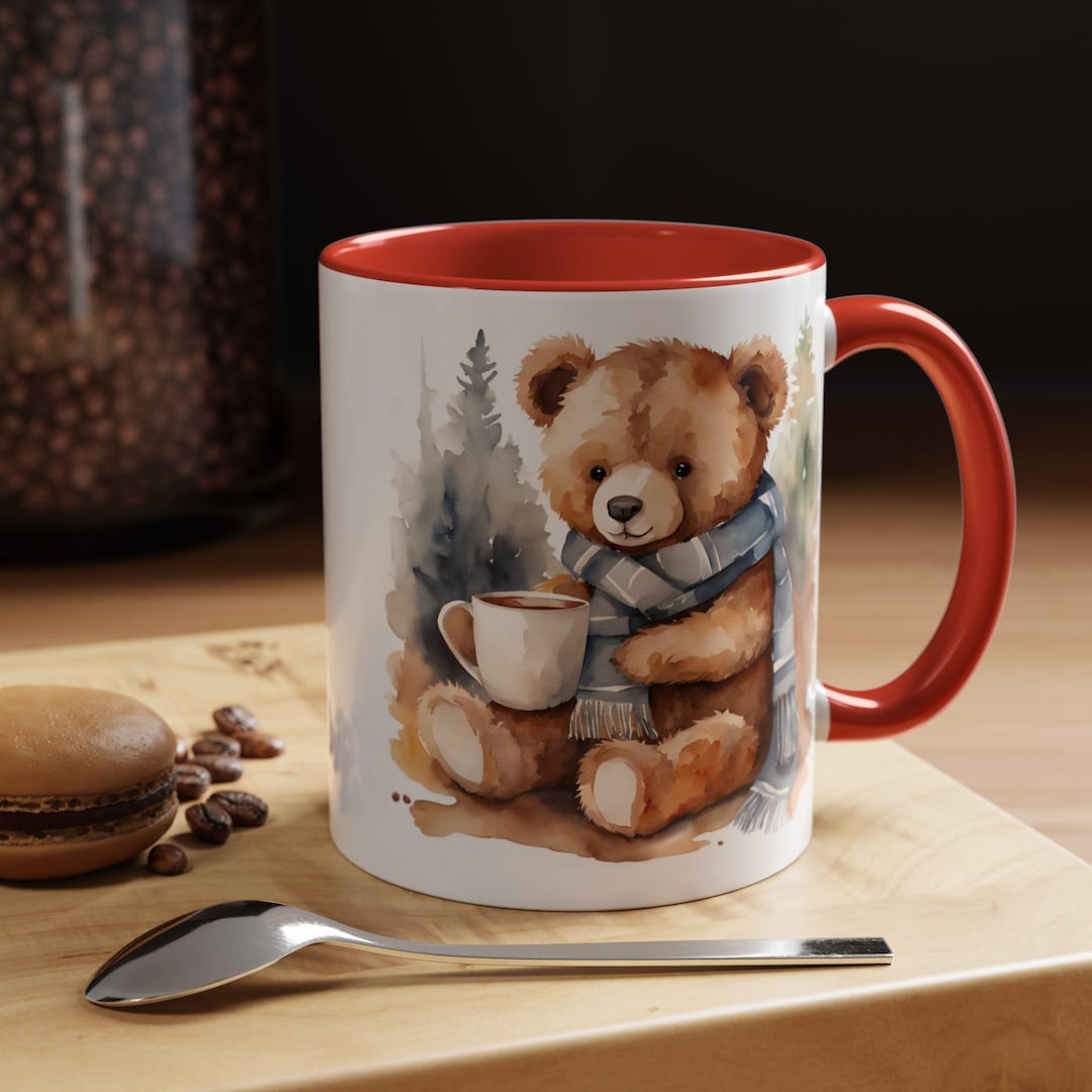 Teddybear Coffee Mug, Cute Bear With Scarf Holding Ceramic Cup, Winter ...