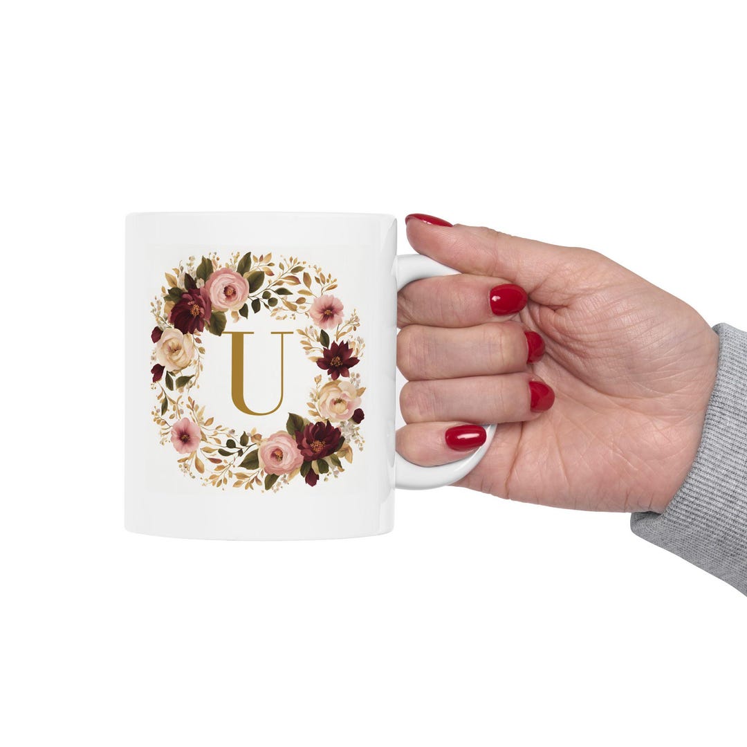 Letter U Border Monogram Mug, Personalized Coffee Cup, Custom Initials ...