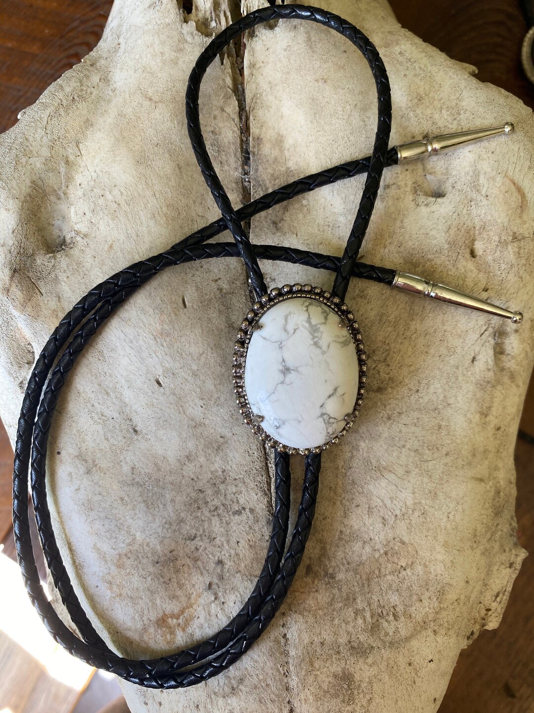 White Howlite Bolo Tie - Western Mens Cord Woven Necktie Necklace ...