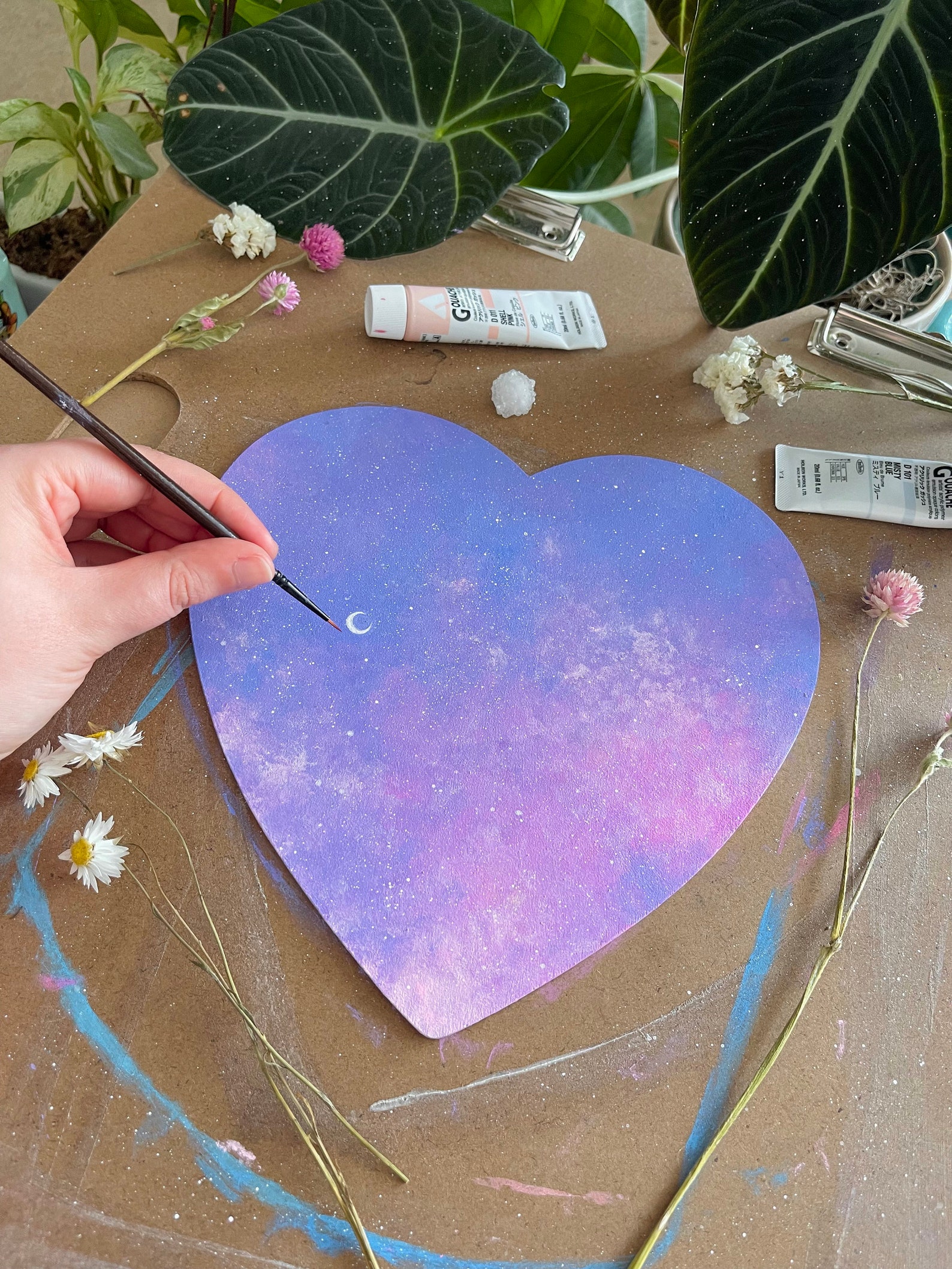 Moon Dust Heart Painting, Celestial Gouache Art - Etsy
