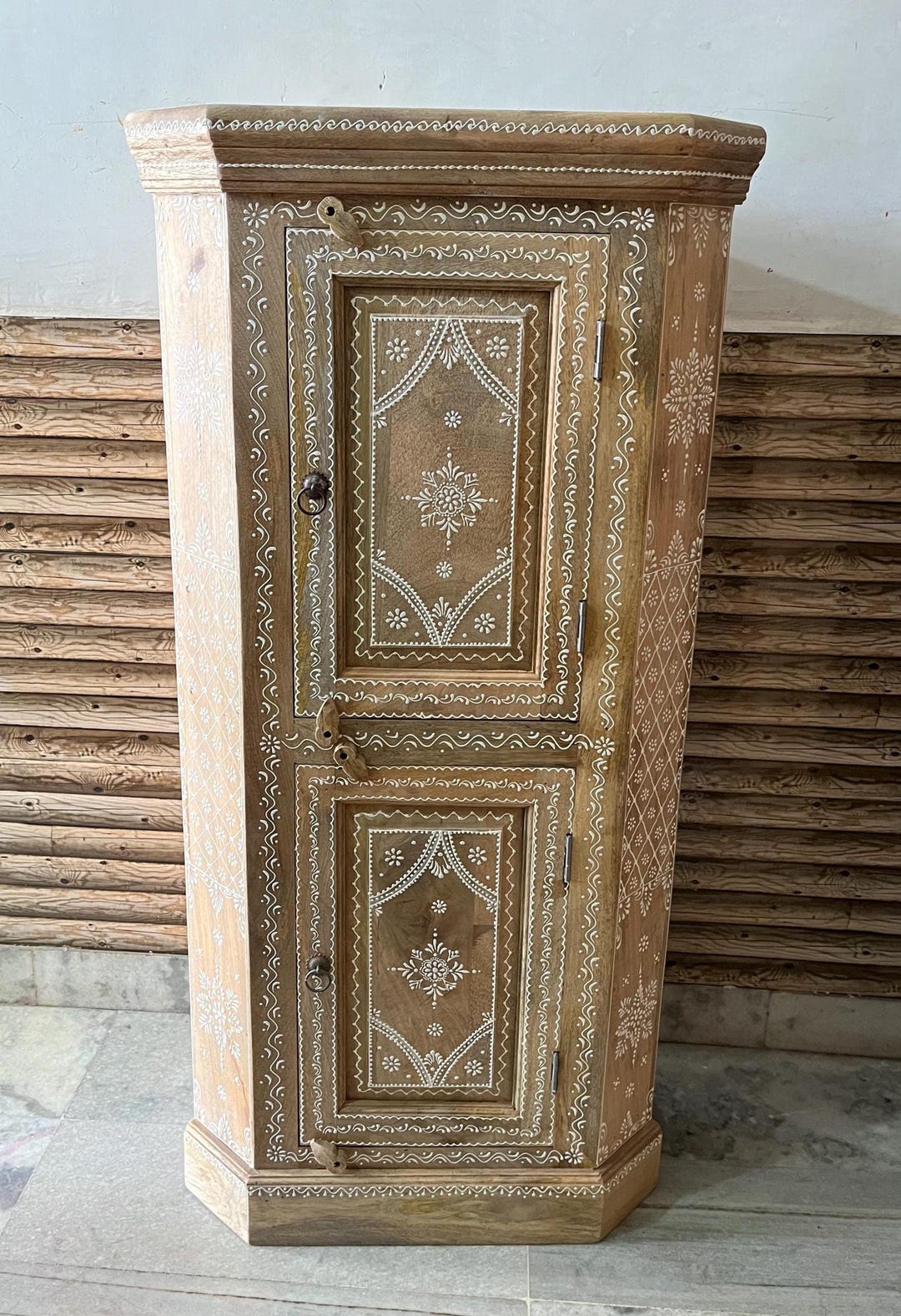 Hand-painted Wooden Corner Cabinet | Indian Carved Storage Cupboard ...