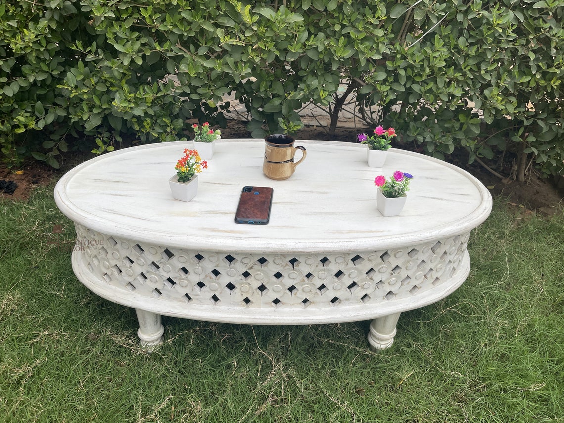 Wood White Distressed Oval Tribal Coffee Tableindian Carved - Etsy