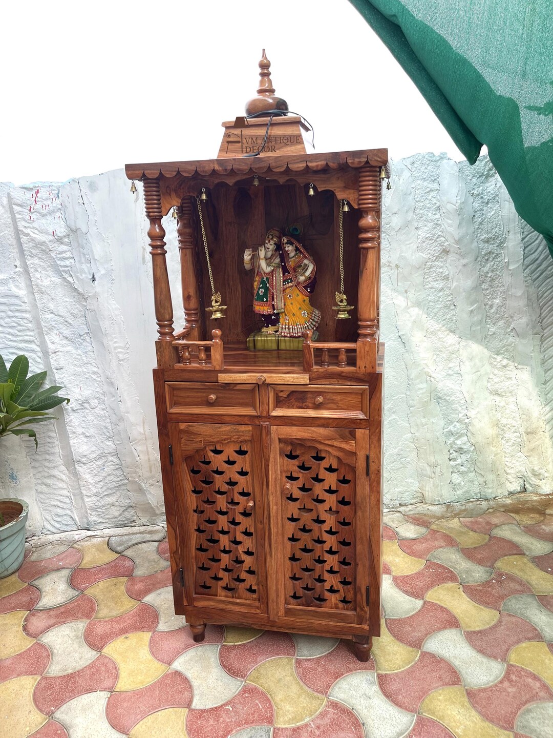 Wooden Pooja Mandir With Intricate Design and Storage Cabinet Solid ...