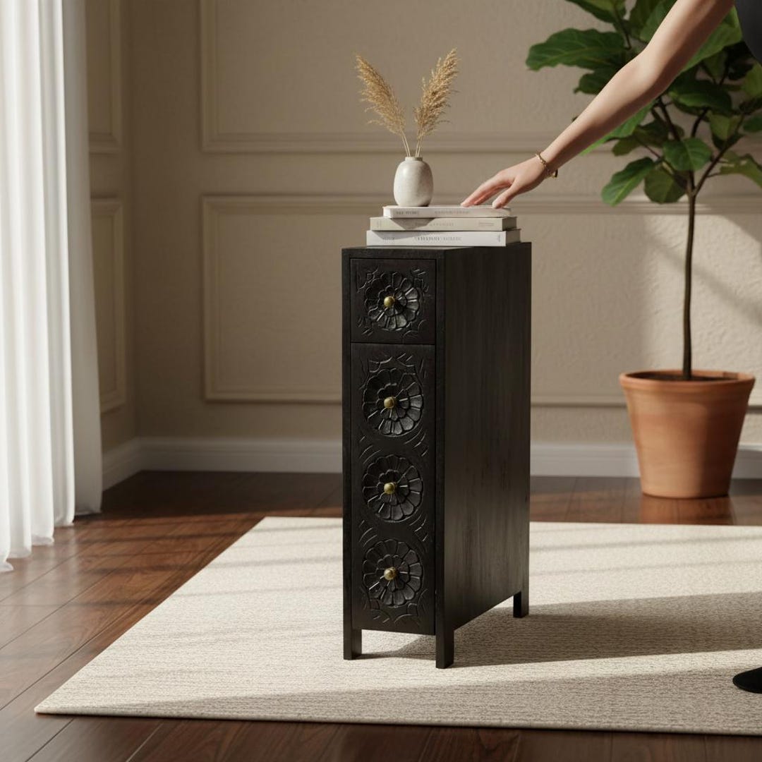 Wood Wall Slim Black Cabinet With 4 Carved Drawers | Narrow Storage ...
