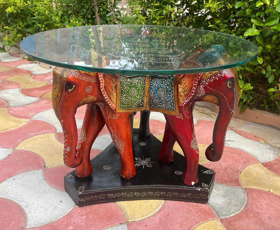 Wooden Painted Elephant Base Glass Coffee Table-unique Decorative Side ...