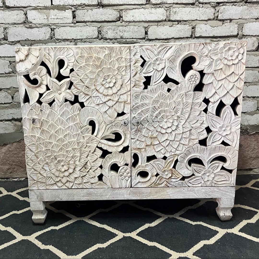 Hand-carved Floral Wooden Cabinet | Whitewashed Solid Wood Storage ...