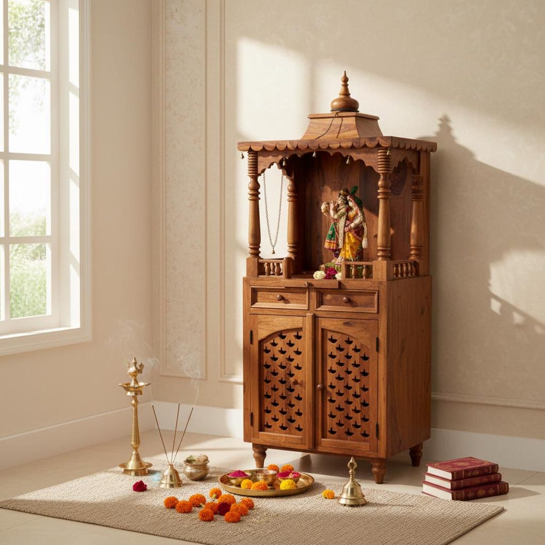 Wooden Pooja Mandir With Intricate Design and Storage Cabinet Solid ...