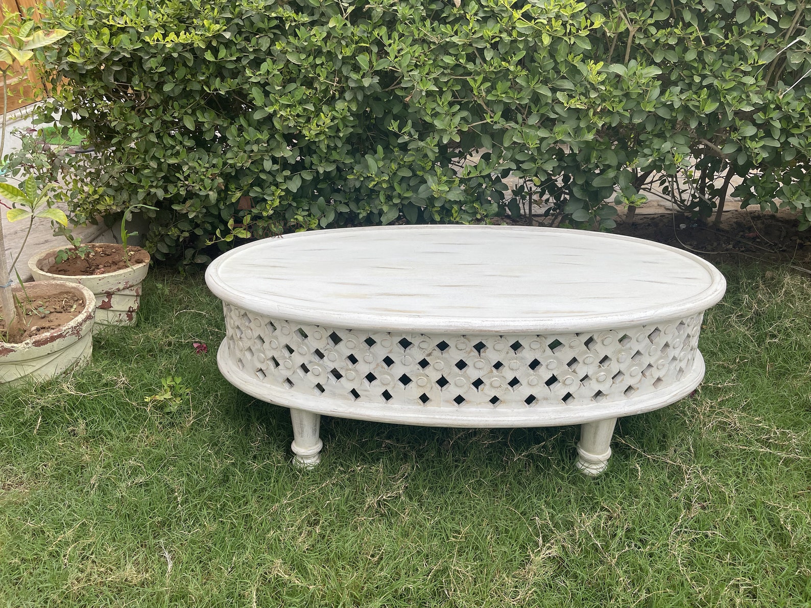 Wood White Distressed Oval Tribal Coffee Tableindian Carved - Etsy