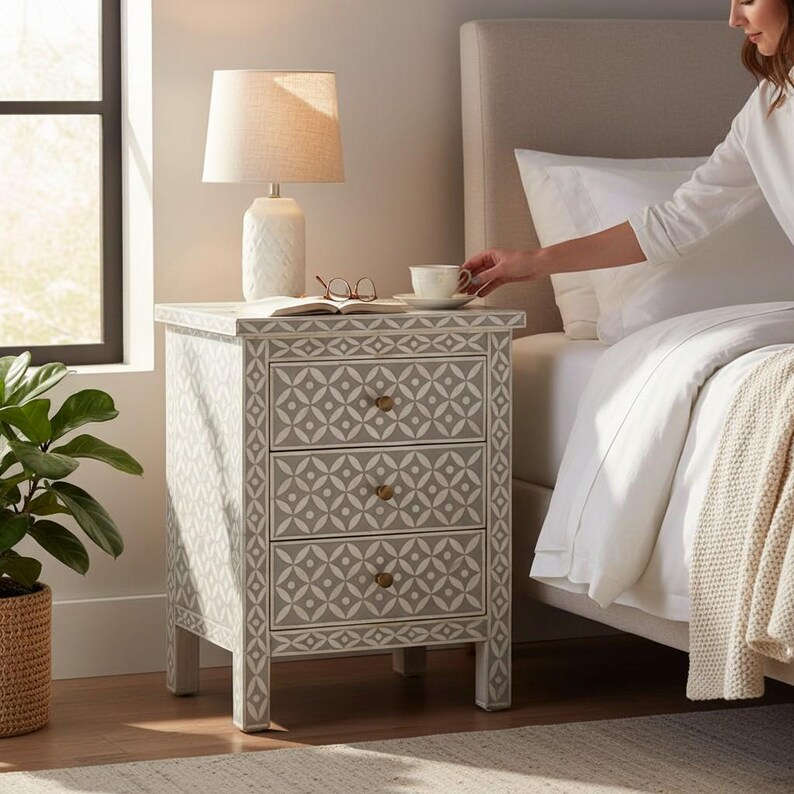 India Bone Inlay 3-drawer Bedside Table – Gray & White Geometric Design ...