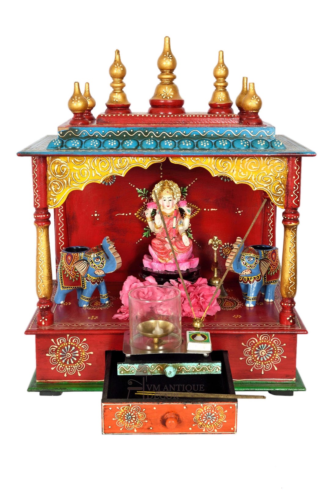 Wooden Temple Pooja Mandir Decor-indian Painted Desk Drawer-religion ...