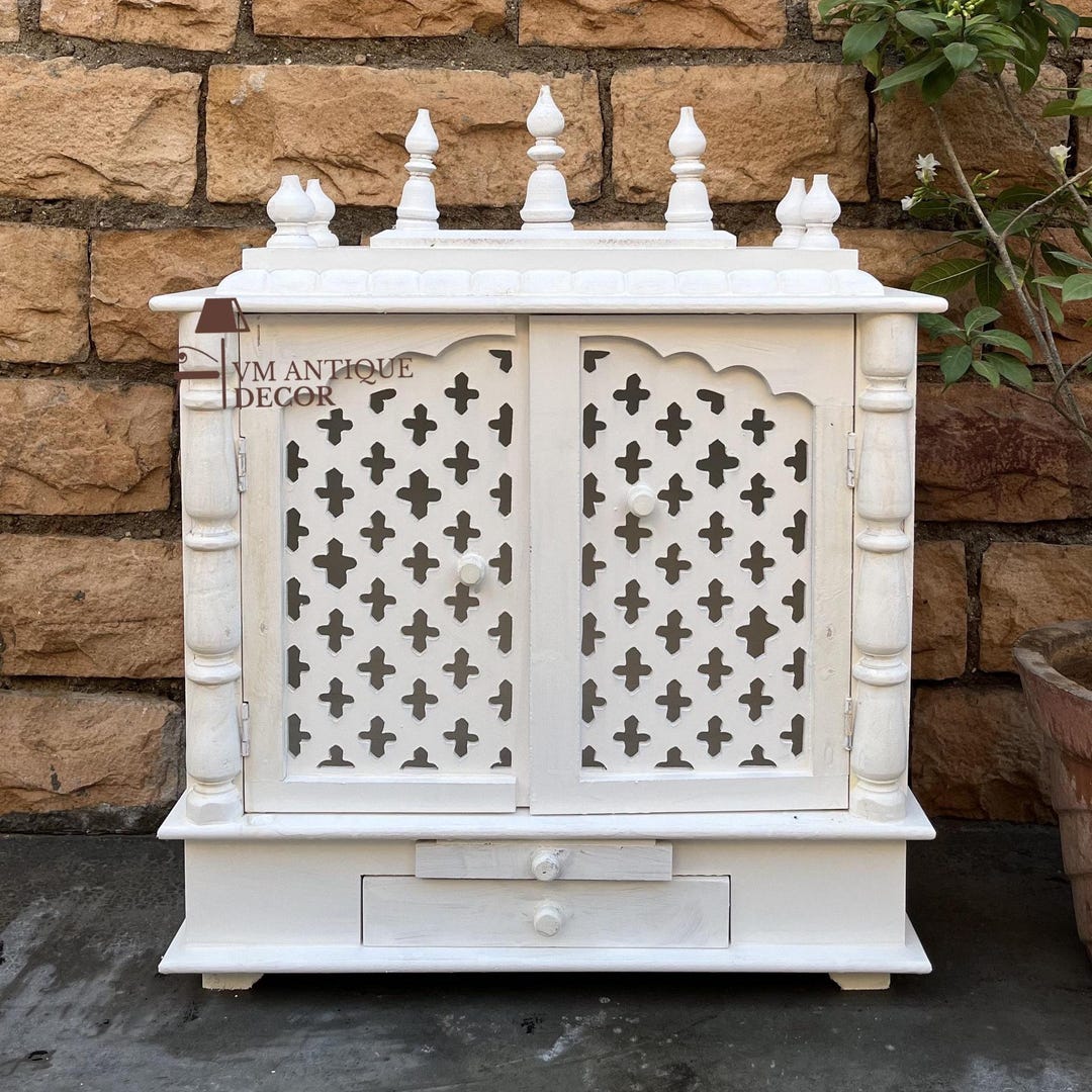 White Wooden Temple for Home – Handicrafted Mandir With Doors and ...