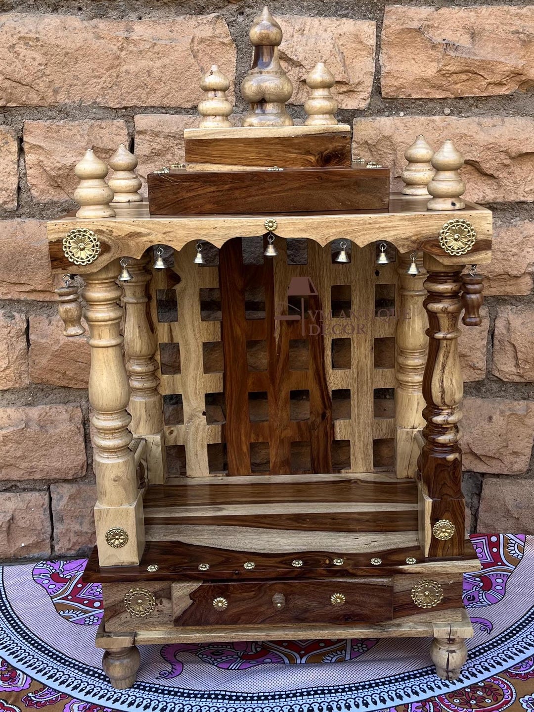 Wooden Pooja Mandir | Small Home Temple With Brass Bells Carved Details ...