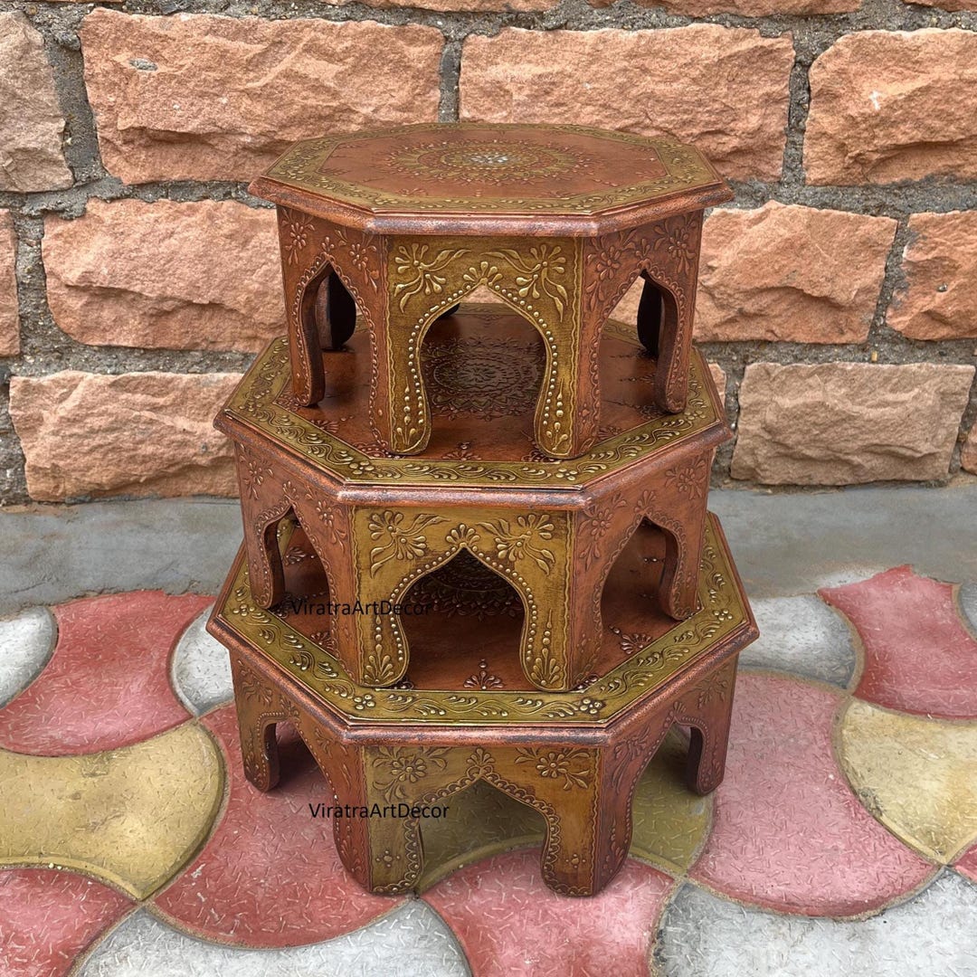 Indian Wooden Painted Chowki Table Set of 3 -bajot Side Tables Style ...