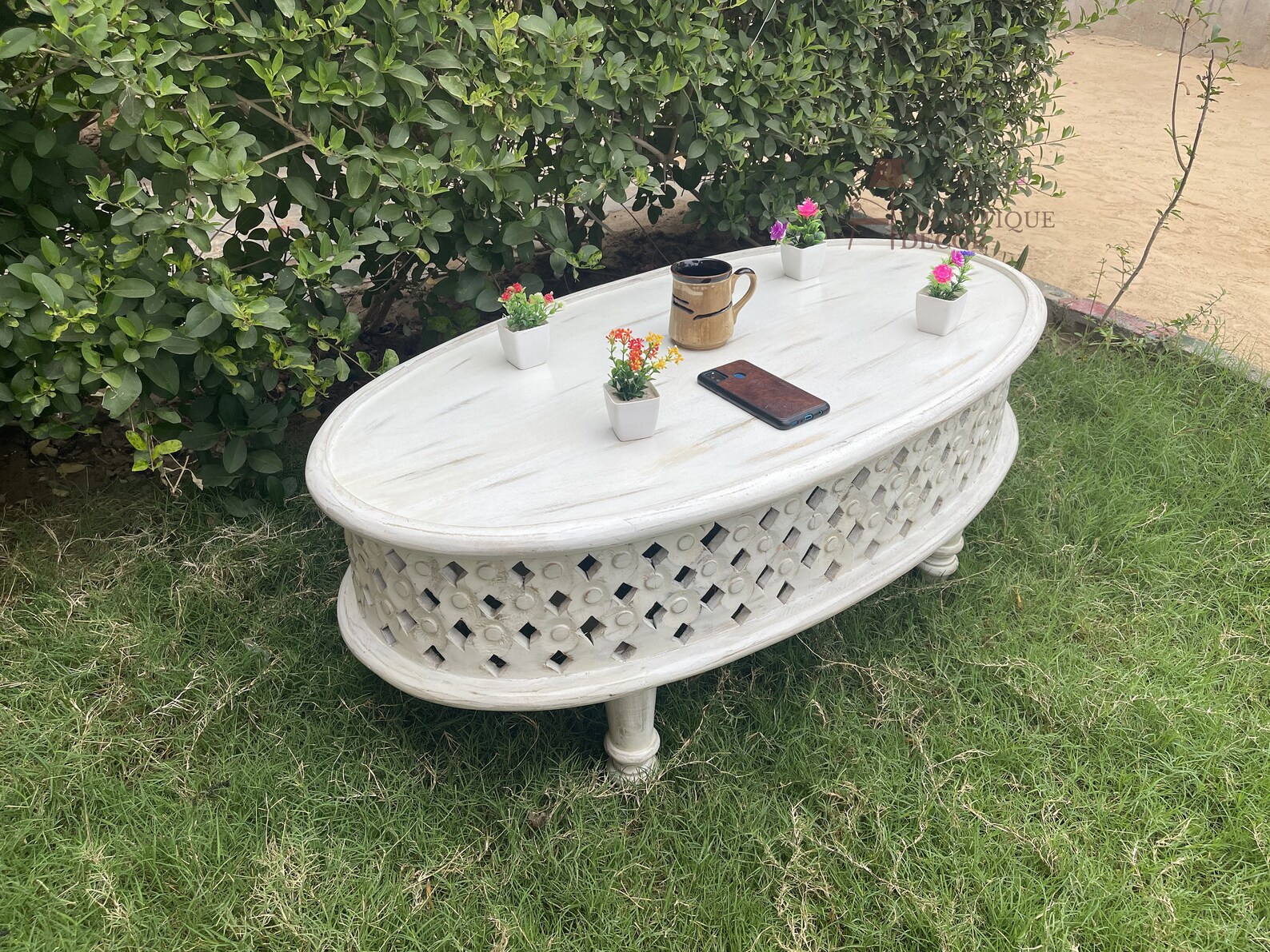 Wood White Distressed Oval Tribal Coffee Tableindian Carved - Etsy