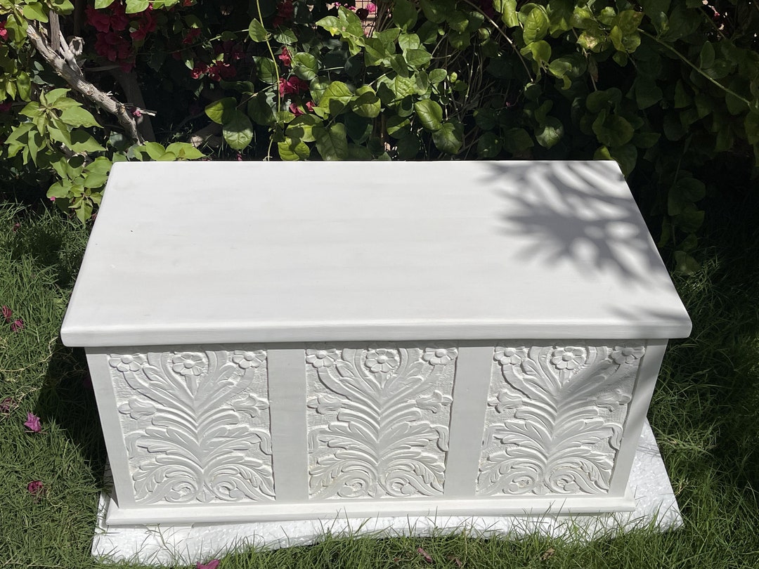 Indian Carved Wooden White Trunk Storage Chest Box, Home Bedroom ...