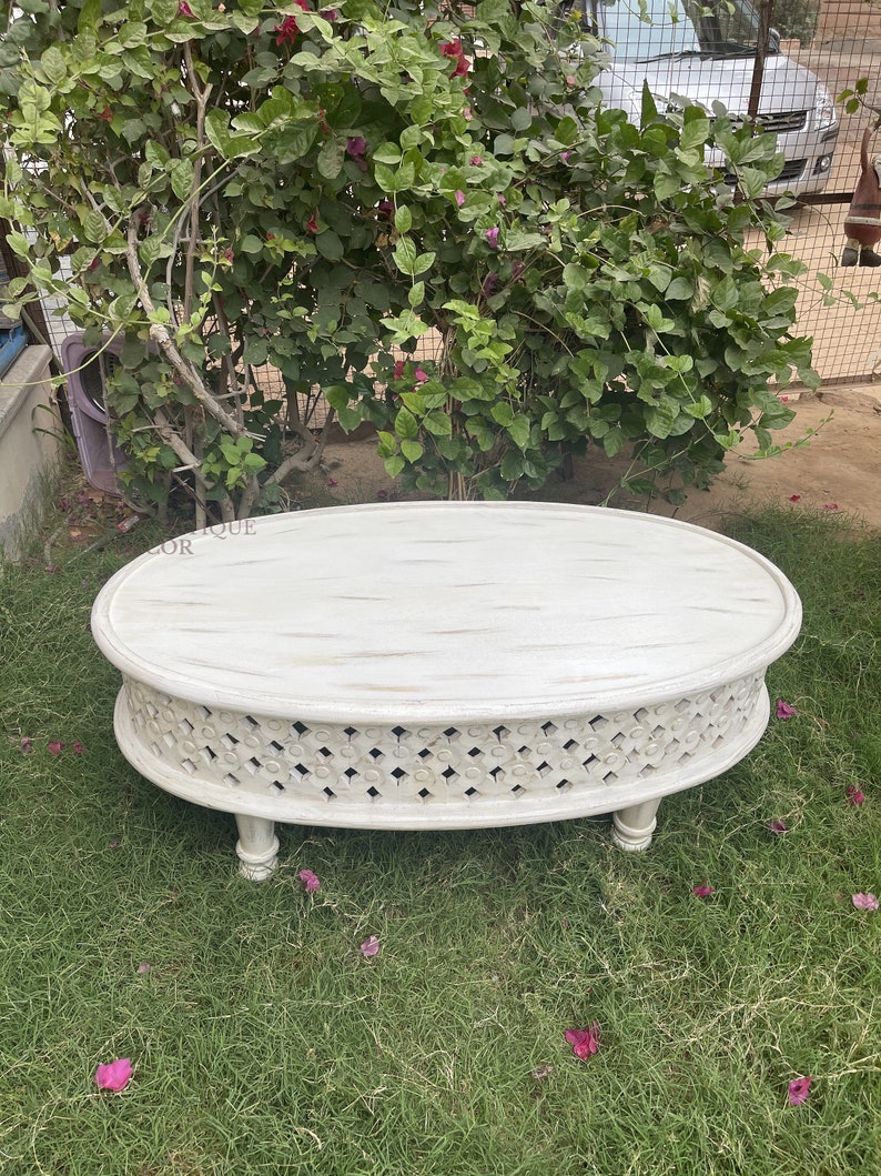 Wood White Distressed Oval Tribal Coffee Tableindian Carved - Etsy