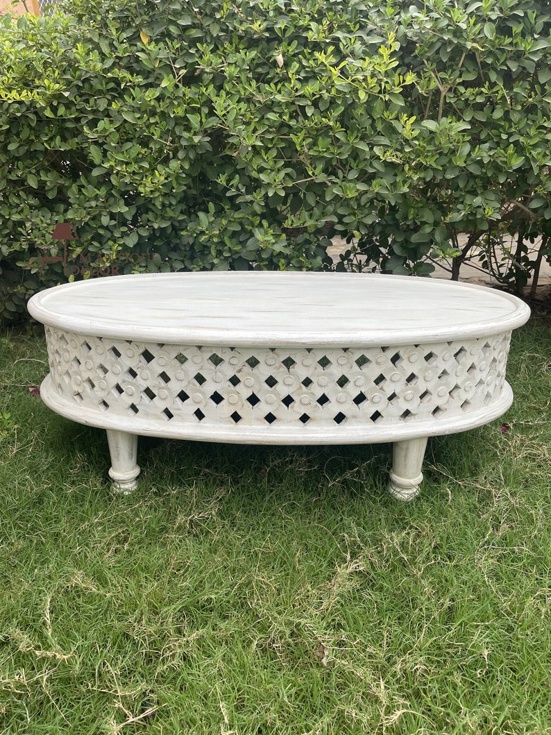 Wood White Distressed Oval Tribal Coffee Tableindian Carved - Etsy
